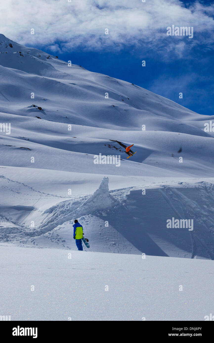 Ski and snowboarding action in Livigno, Italian Alps, Italy Stock Photo ...