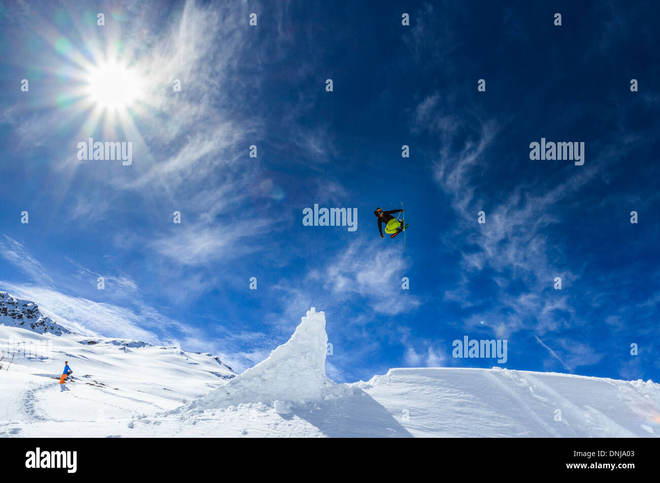 Ski and snowboarding action in Livigno, Italian Alps, Italy Stock Photo ...