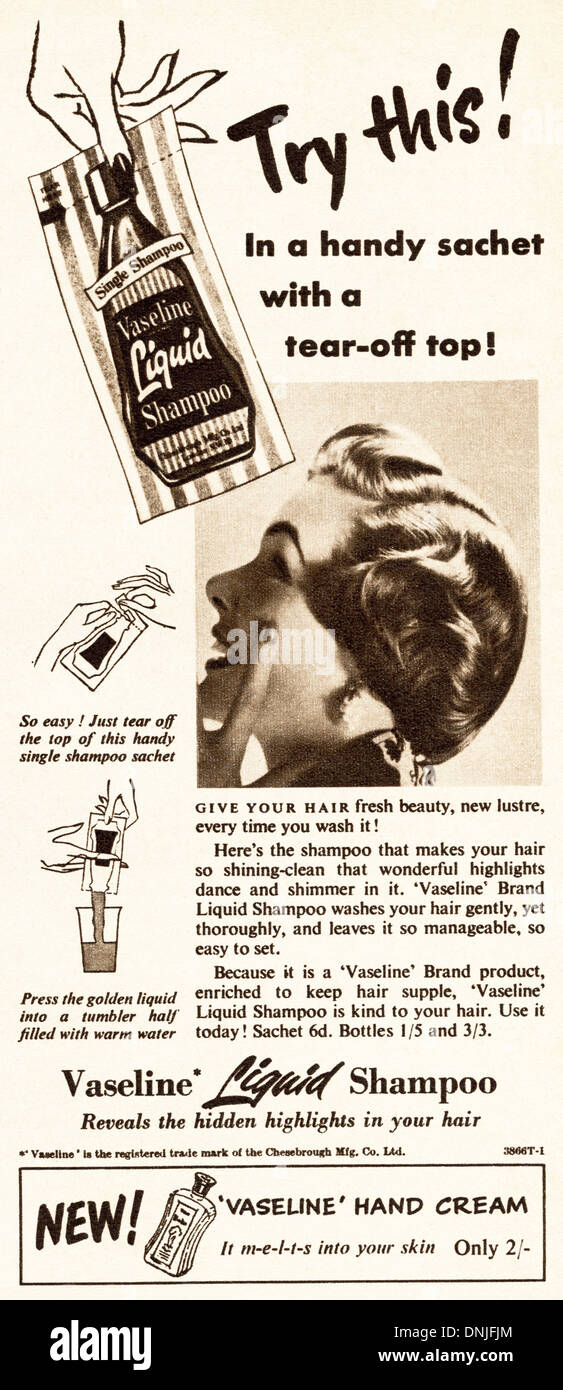 1950s magazine advertisement advertising VASELINE LIQUID SHAMPOO Stock ...