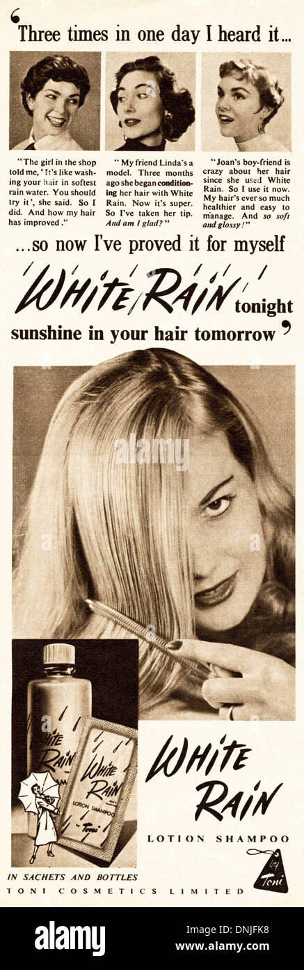 1950s magazine advertisement advertising WHITE RAIN SHAMPOO by Toni ...