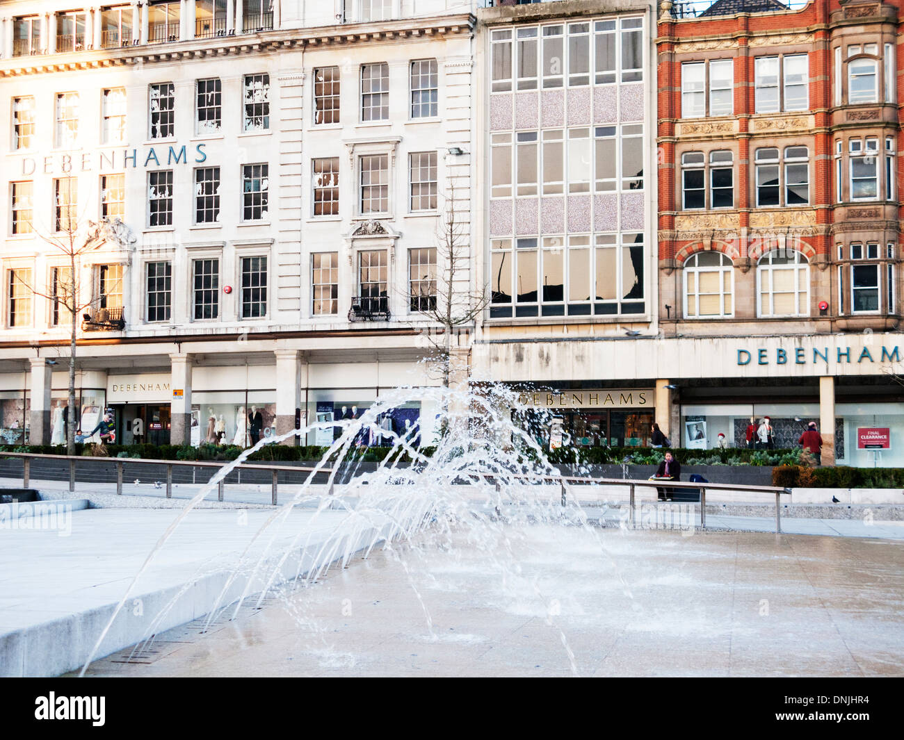 Nottingham City Centre Debenhams building in front of fountain, UK ...