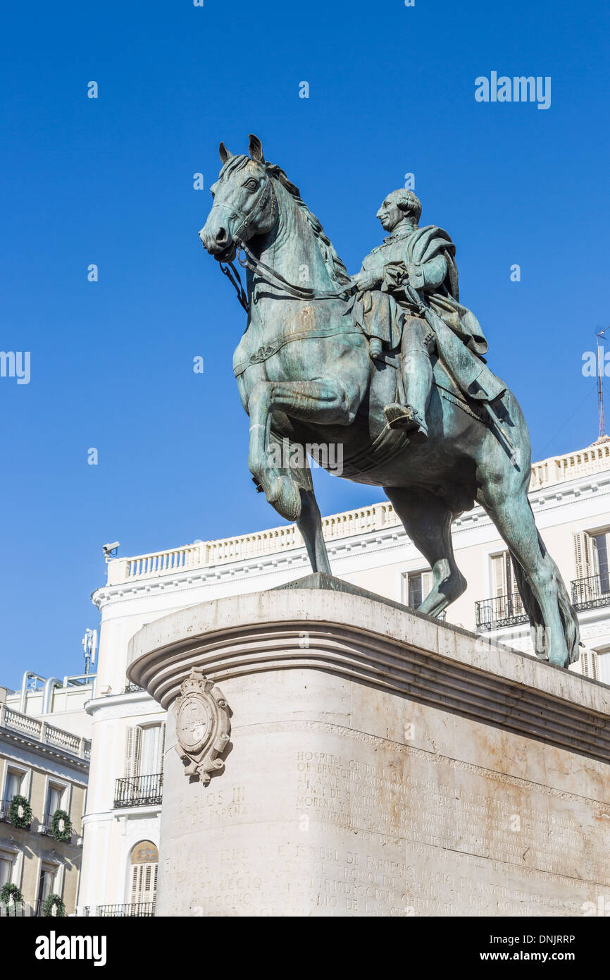 View of famous statue of King Carlos III of Spain mounted on horseback ...