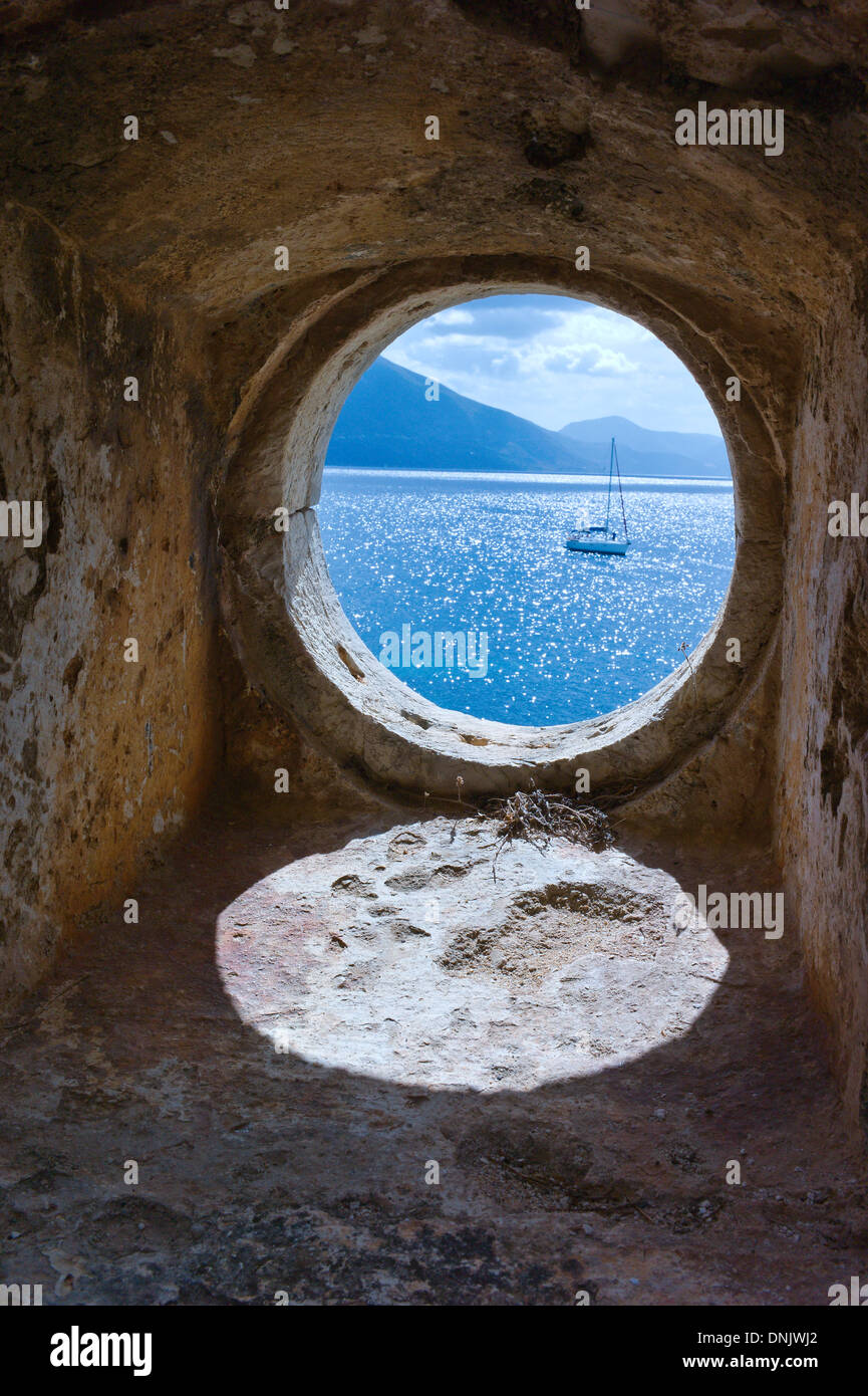 Window opening looking out to sea from the old Venetian lighthouse at ...
