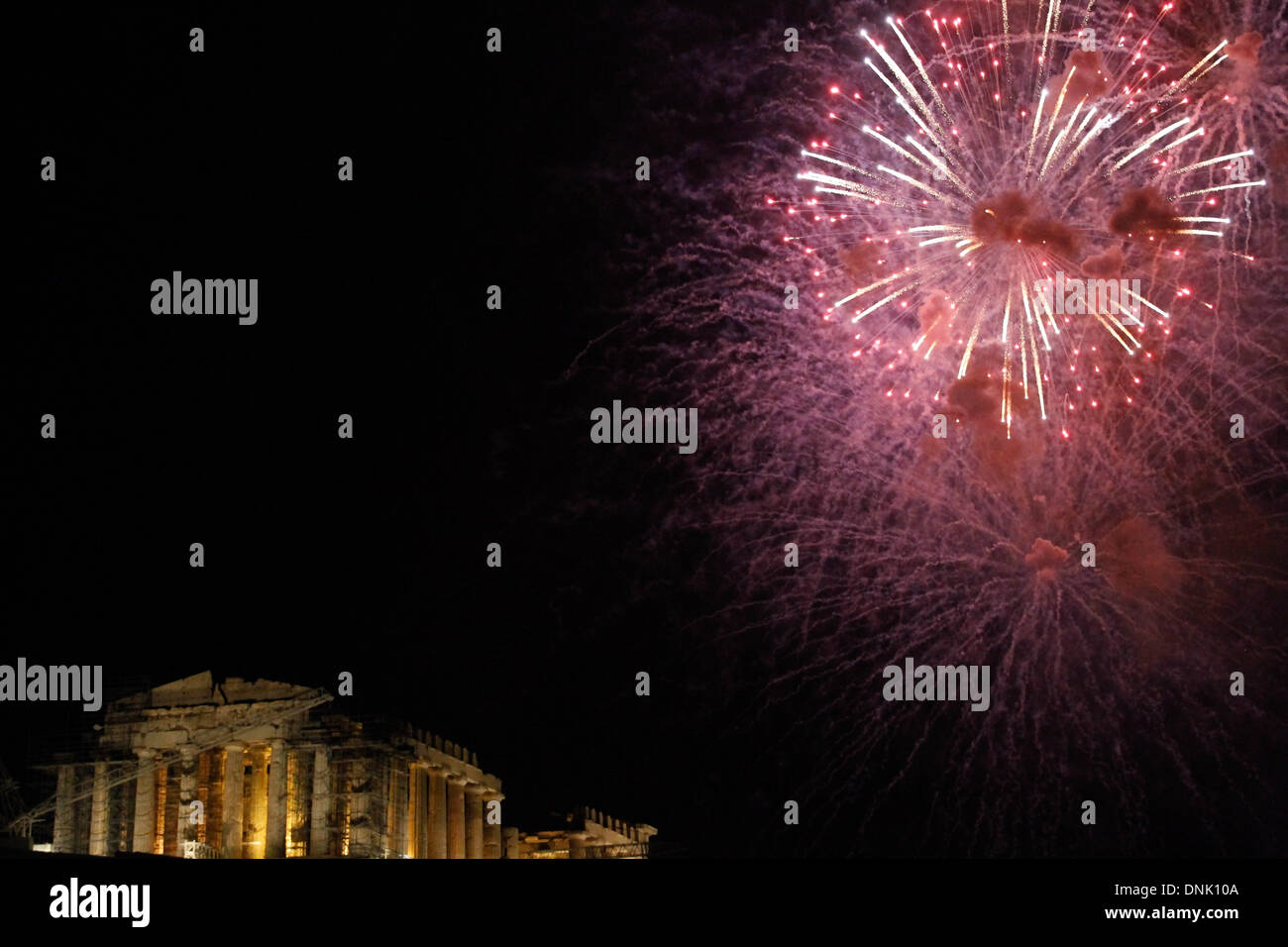 Athens, Greece. 1st Jan, 2014. Fireworks light up the Parthenon at ...