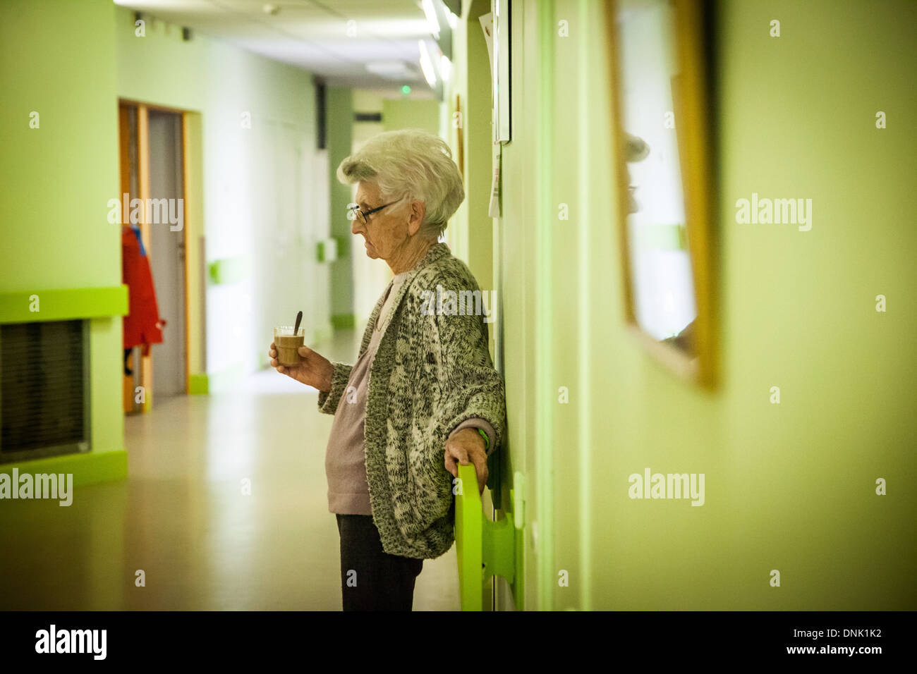 RETIREMENT HOME ILLUSTRATION, ELDERLY PERSON HAVING A DRINK WHILE ...