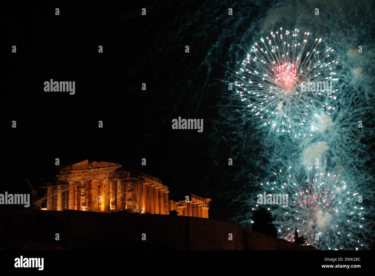 Athens, Greece. 1st Jan, 2014. Fireworks light up the Parthenon at ...