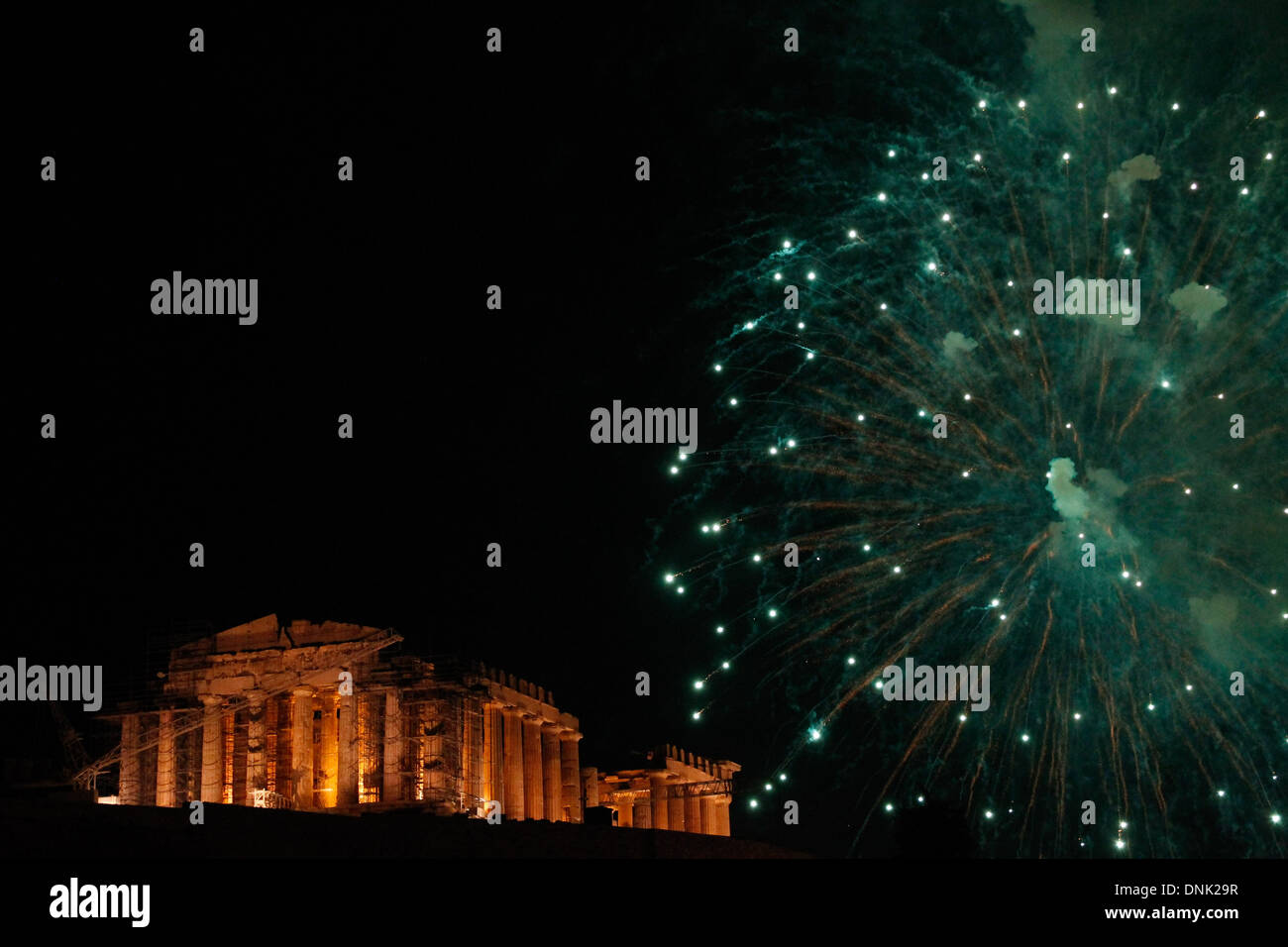 Athens, Greece. 31st Dec, 2013. Fireworks light up the Parthenon at ...
