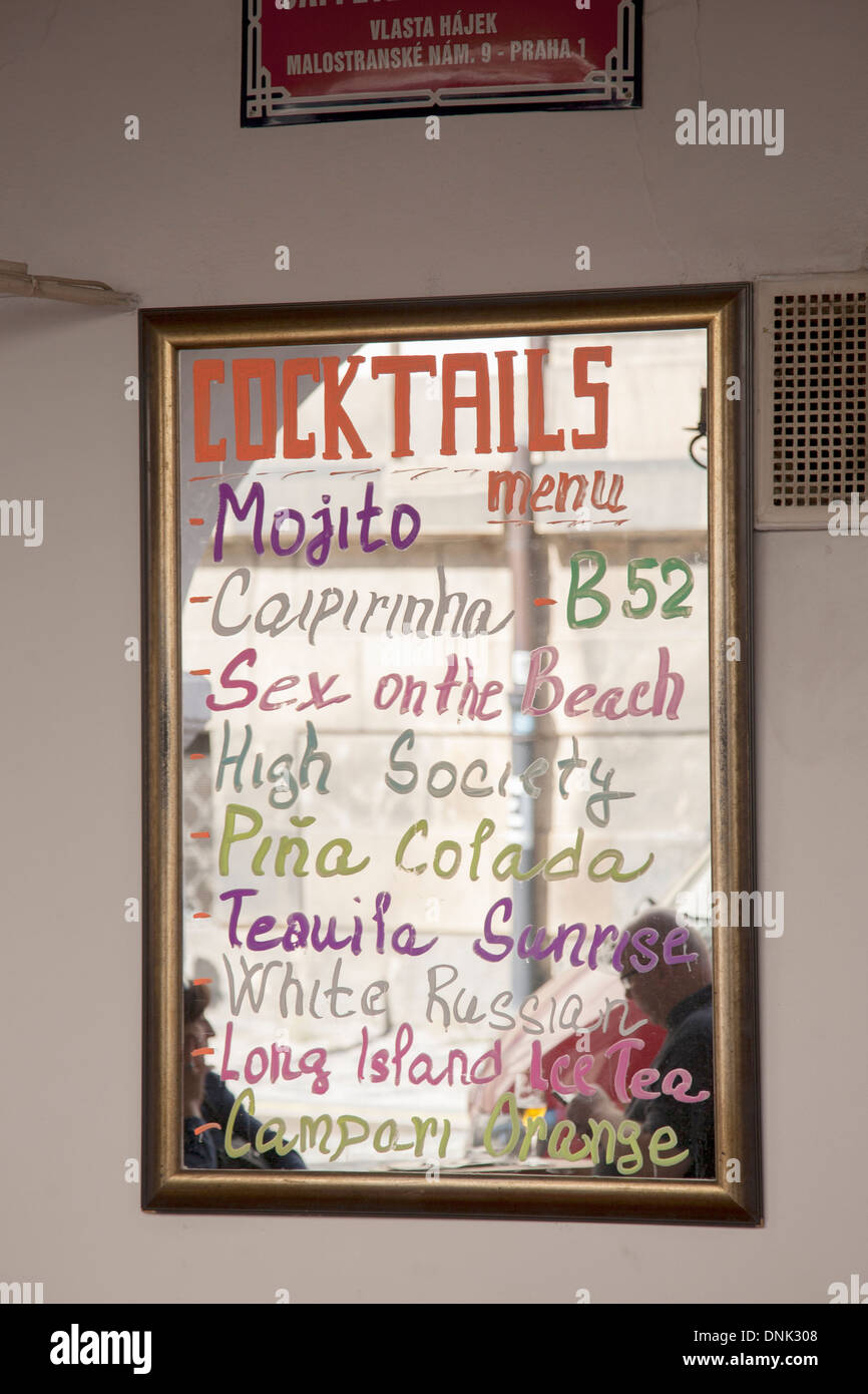 Cocktail Menu in English; Mostecka Street; Prague; Czech Republic ...