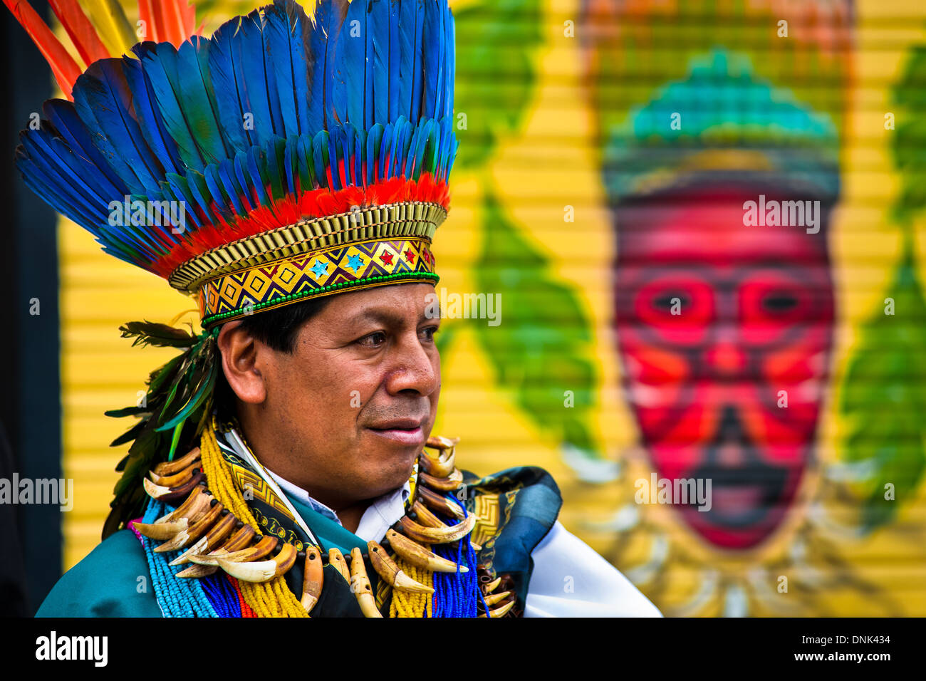 A Colombian Kamentsá native, wearing a feather headgear, takes part in ...