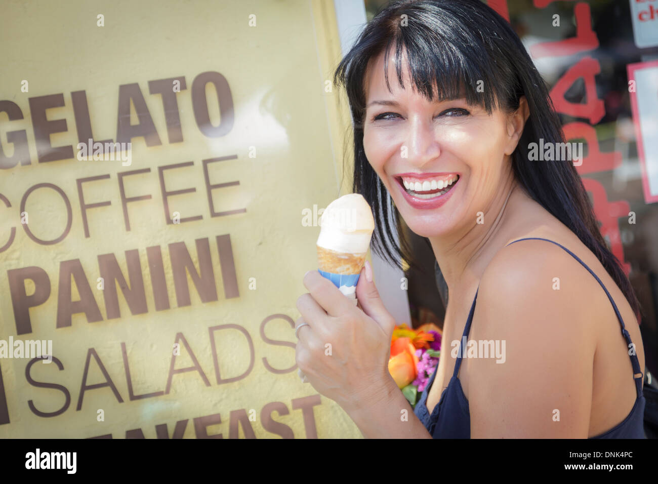 Pretty Italian Woman Enjoying Her Gelato at the Street Market Stock ...