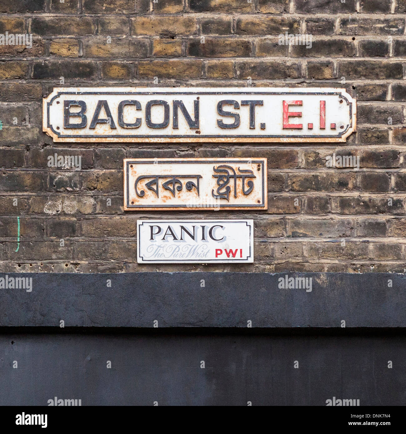 "Bacon Street E.1" bilingual signs in English and Arabic, and Panic PW1 ...