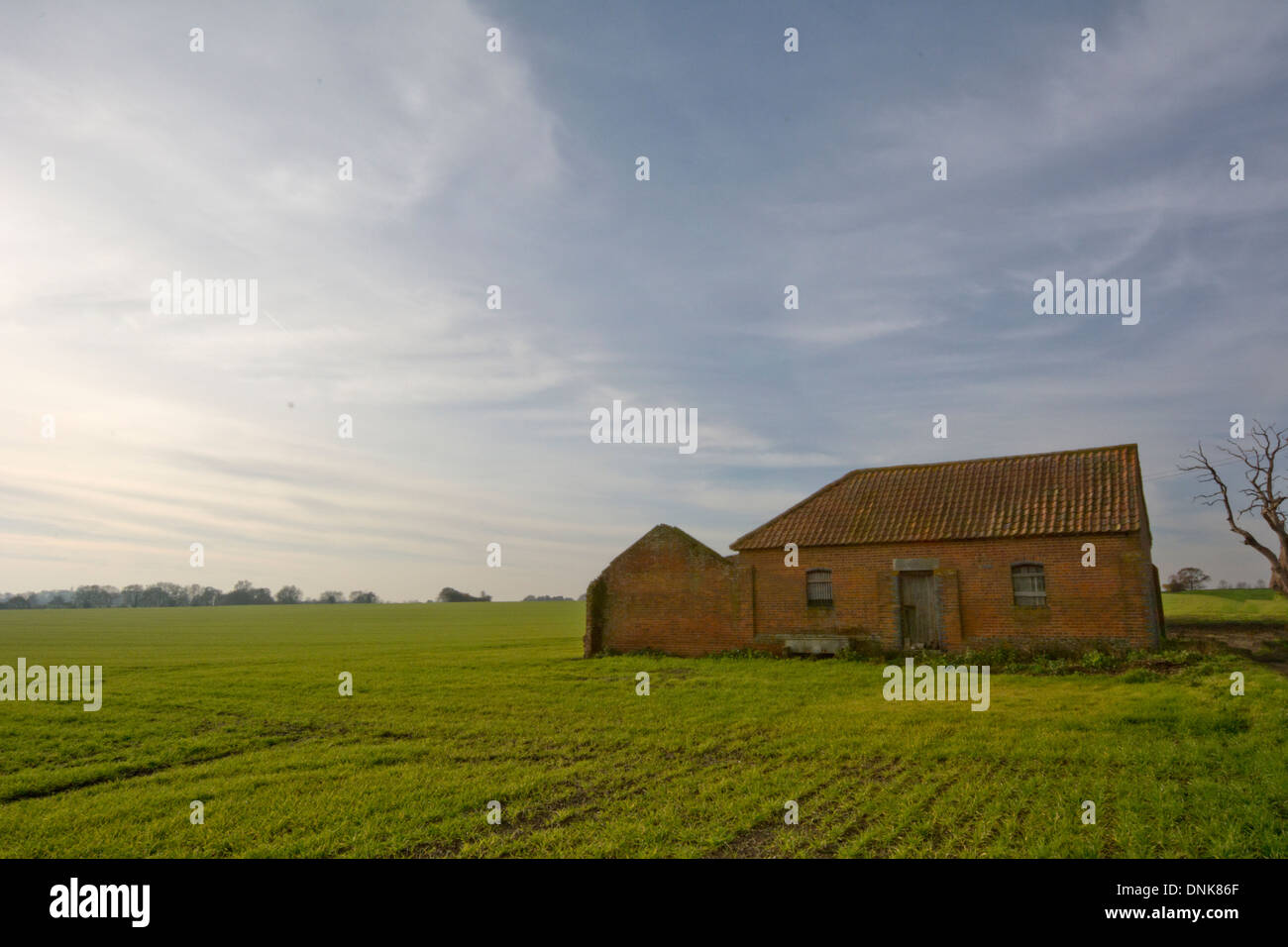 Old farm building in a flat field Stock Photo - Alamy