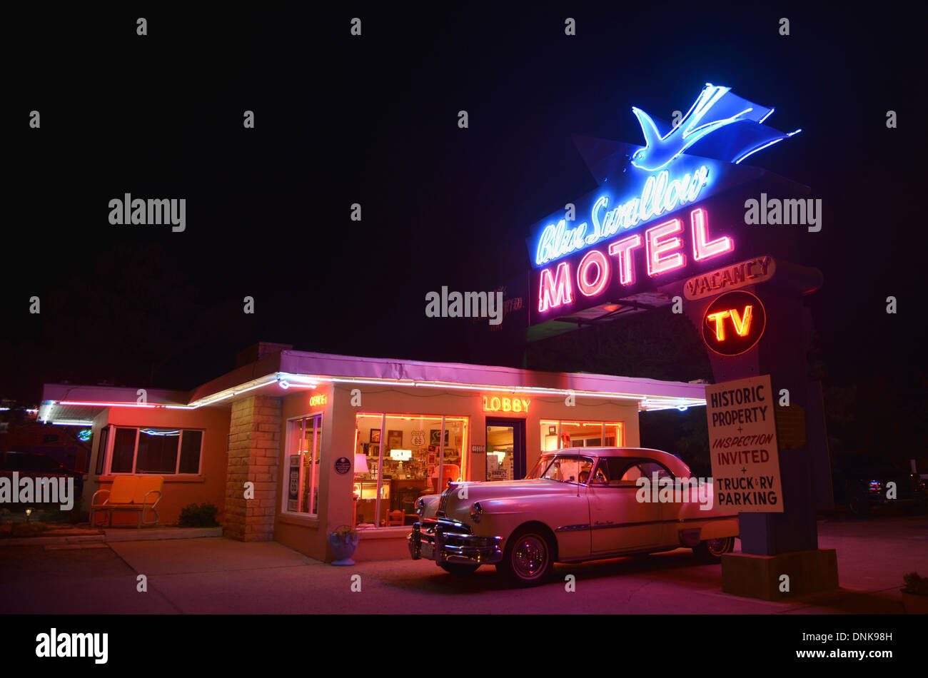 Route 66 landmark the Blue Swallow Motel, Tucumcari with old neon and a ... Route 66 landmark the Blue Swallow Motel, Tucumcari with old neon and a ...