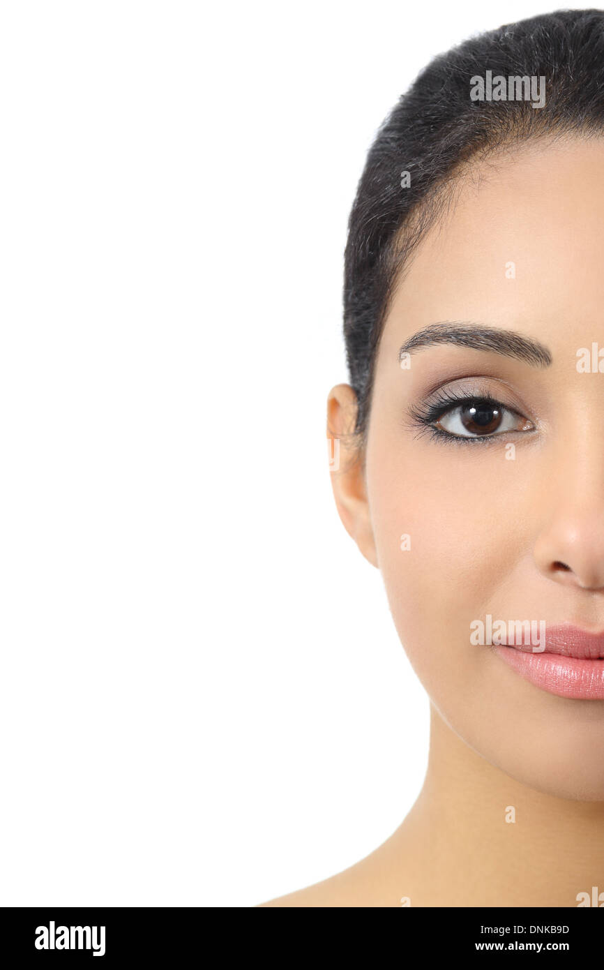 Facial half front portrait of a woman smooth face isolated on a white ...