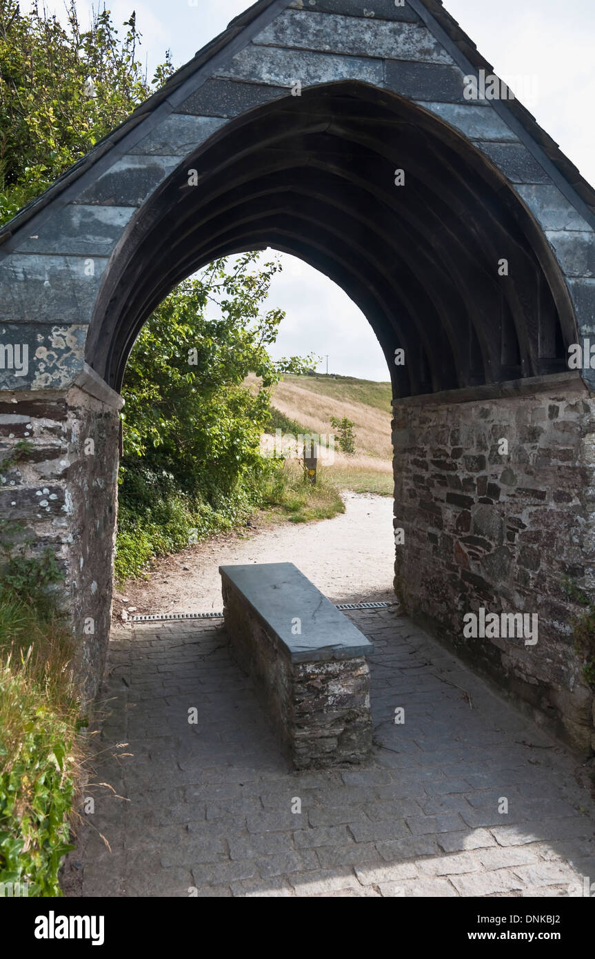 Lych Gate at the entrance to St Enodocs Church - with stone coffin ...
