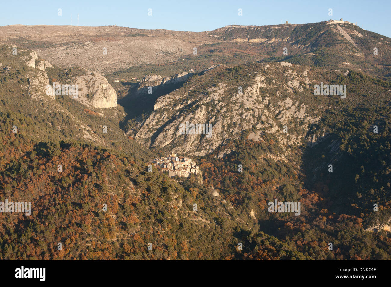 AERIAL VIEW. Perched medieval village in a natural setting, Mont-Agel ...