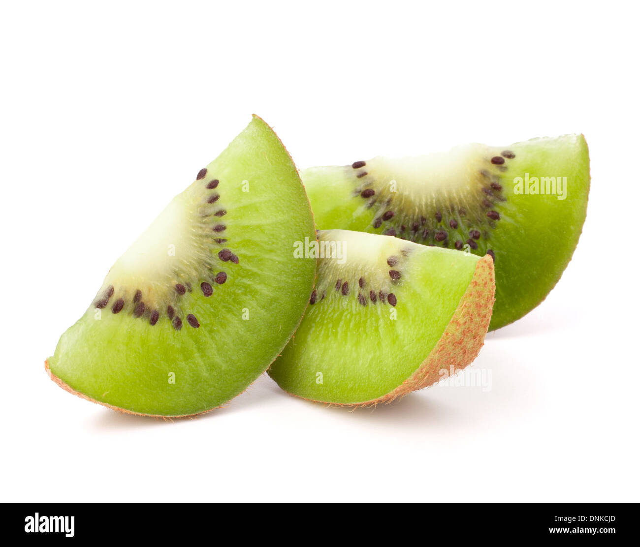 Three kiwi fruit sliced segments isolated on white background cutout ...