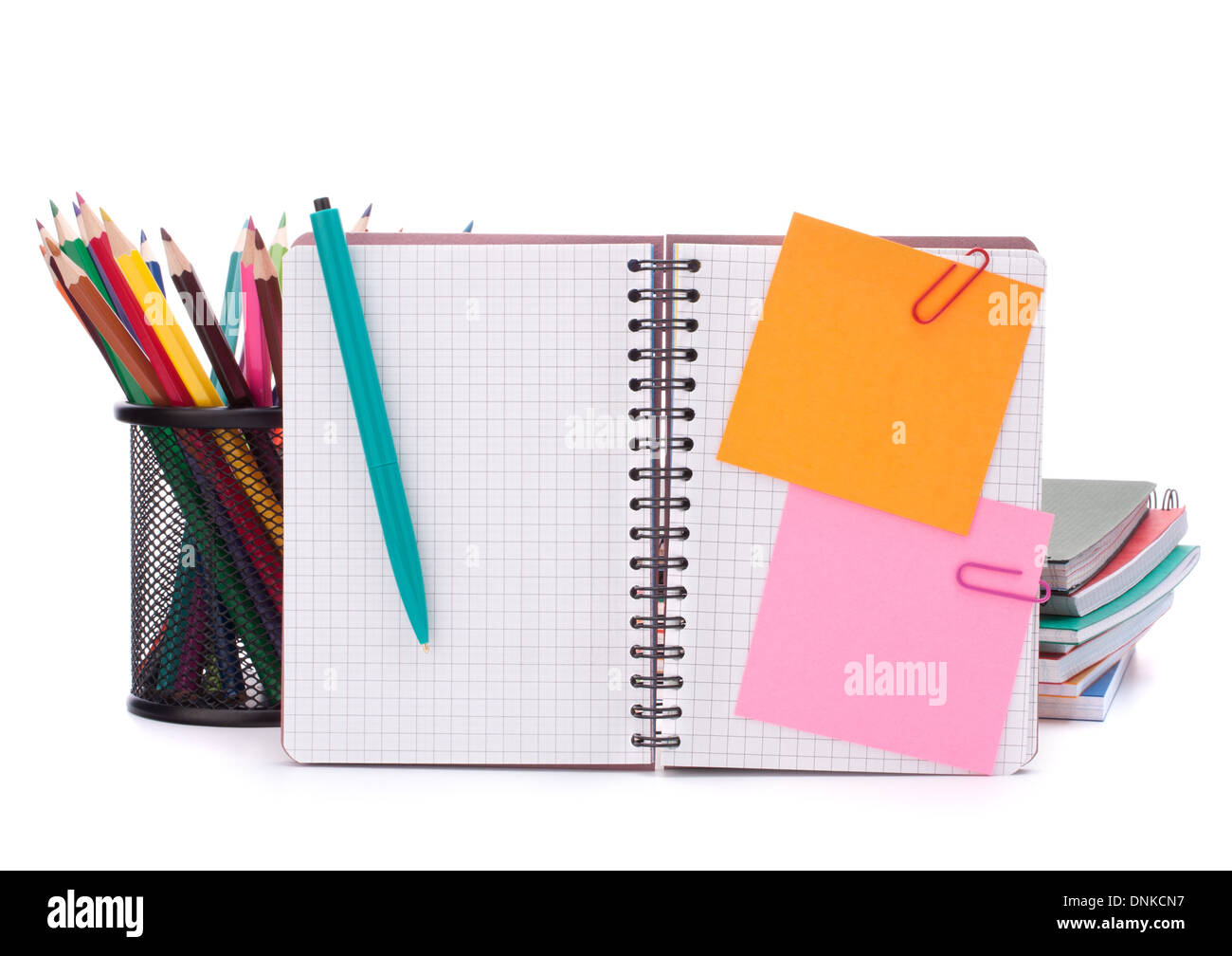 Blank checked notebook with notice papers isolated on white background ...