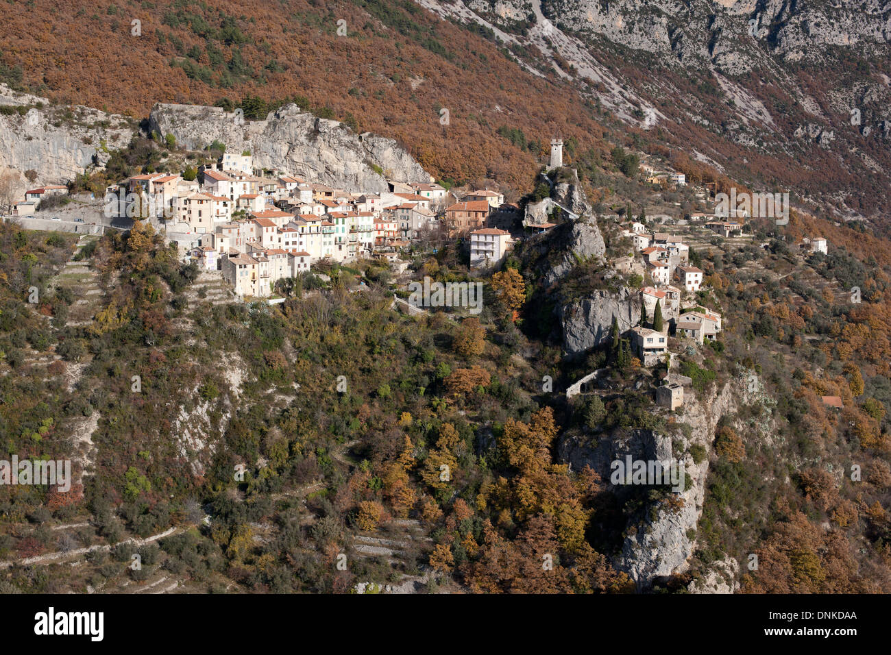 AERIAL VIEW. Perched medieval village. Sigale, Alpes-Maritimes, French ...