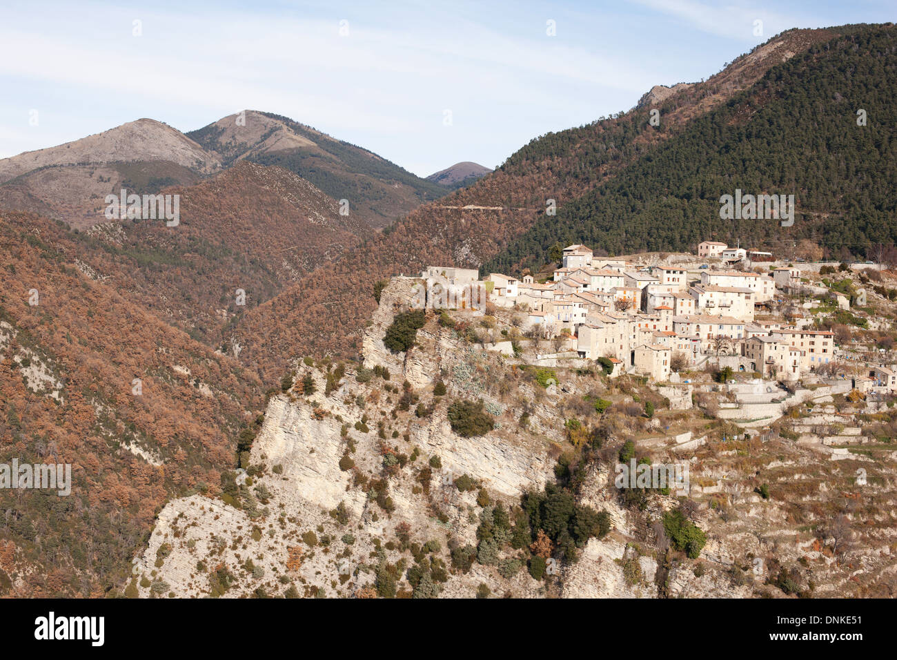 AERIAL VIEW. Perched medieval village high above an unpopulated valley ...