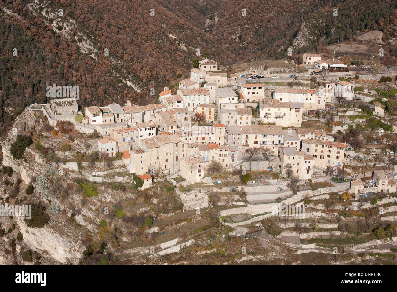 AERIAL VIEW. Perched medieval village high above an unpopulated valley ...