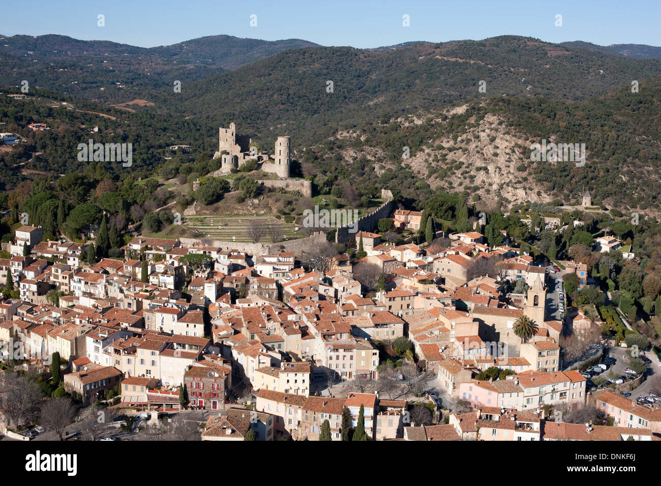AERIAL VIEW. Perched abandoned medieval castle overlooking the old ...