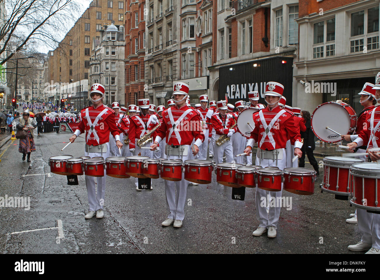 London,UK,1st January 2014,Leon High School marching redcoats from ...