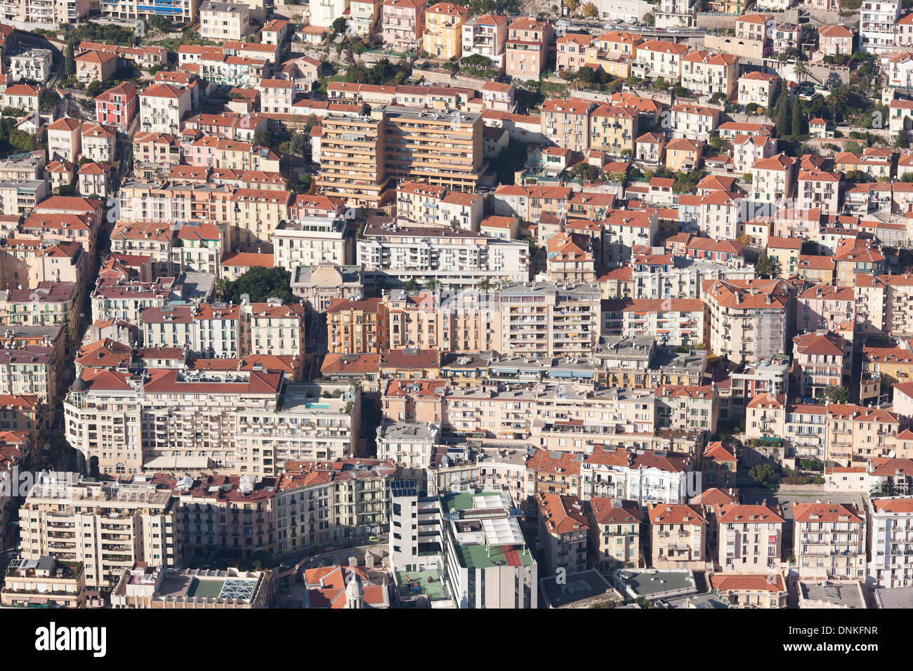 AERIAL VIEW. High density of apartment buildings on a steep hillside ...