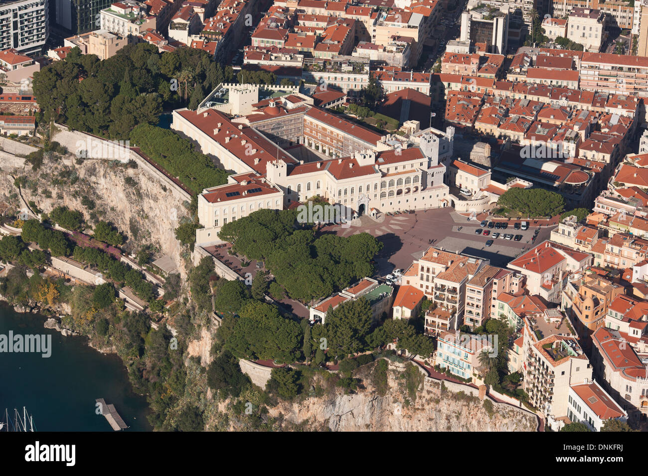 AERIAL VIEW. Prince's Palace standing on a clifftop 60m above the sea ...