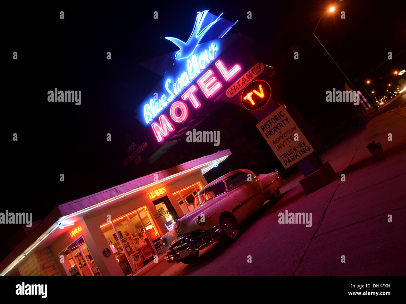 Route 66 landmark the Blue Swallow Motel, Tucumcari with old neon and a ... Route 66 landmark the Blue Swallow Motel, Tucumcari with old neon and a ...