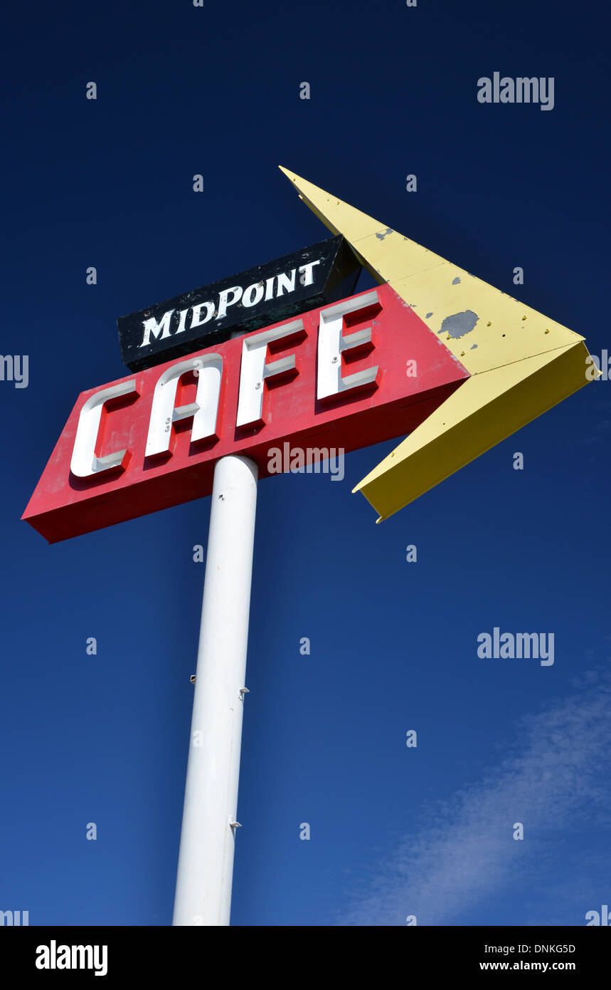 1960s Googie style sign at the Route 66 MidPoint Cafe, Adrian, Texas ...