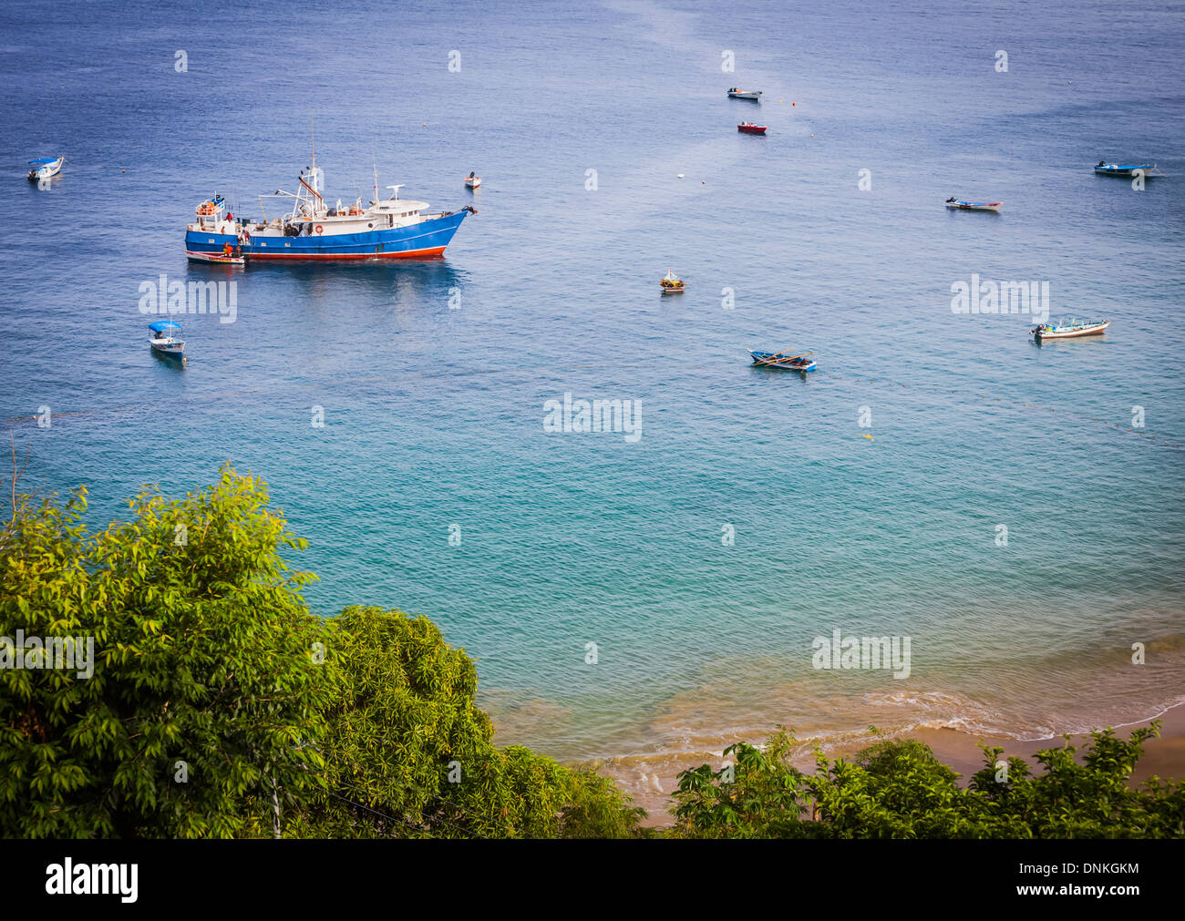 Island trader ship visiting Caribbean island village of Castara, Tobago ...