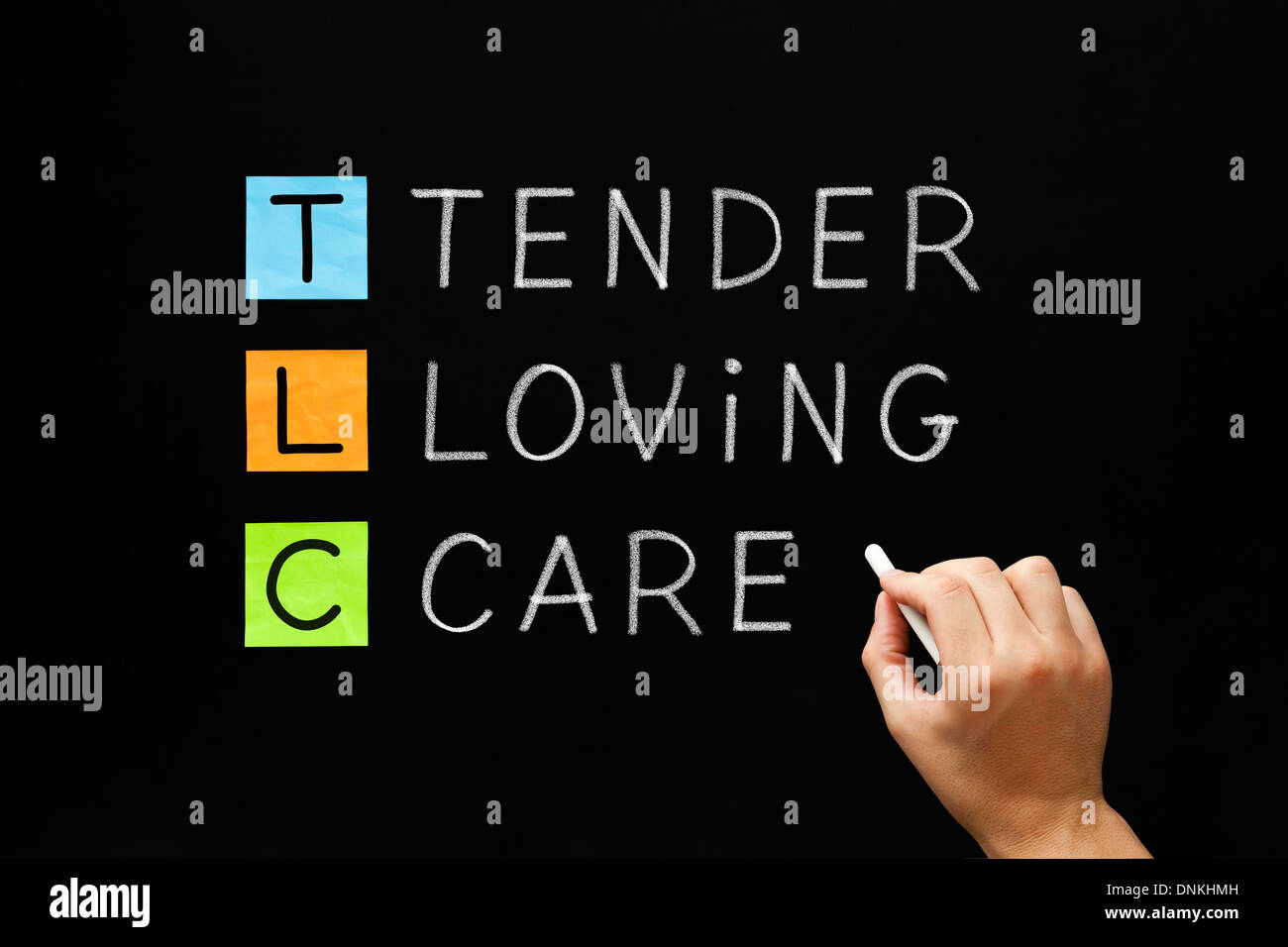 Hand writing TLC - Tender Loving Care with white chalk on blackboard ...