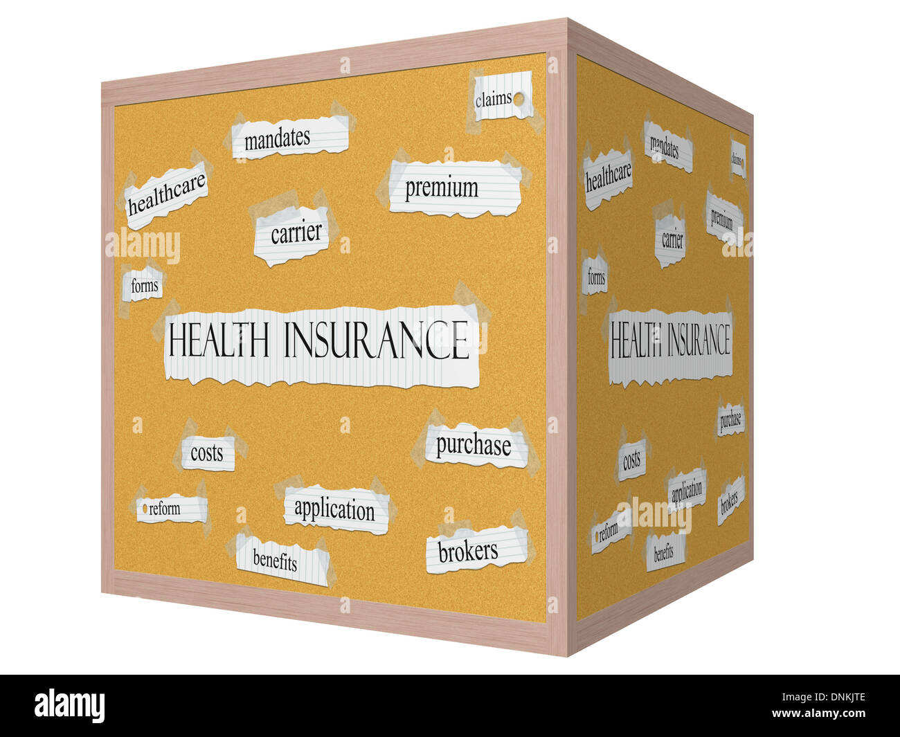 Health Insurance on a 3D cube Corkboard Word Concept with great terms ...