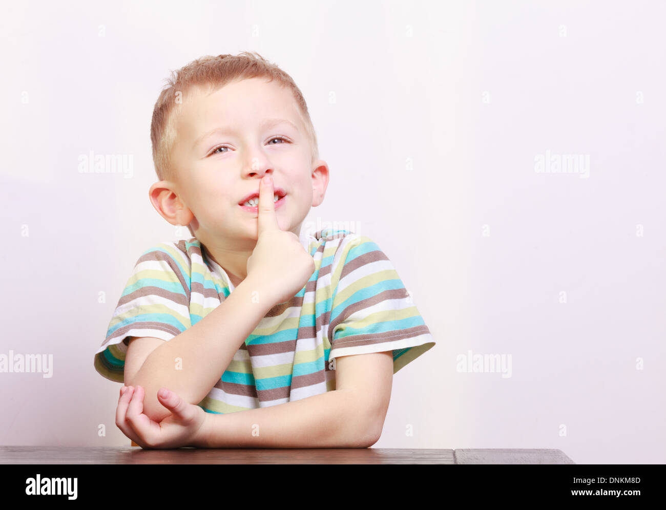 Boy child kid preschooler asking for silence or secrecy with finger on ...