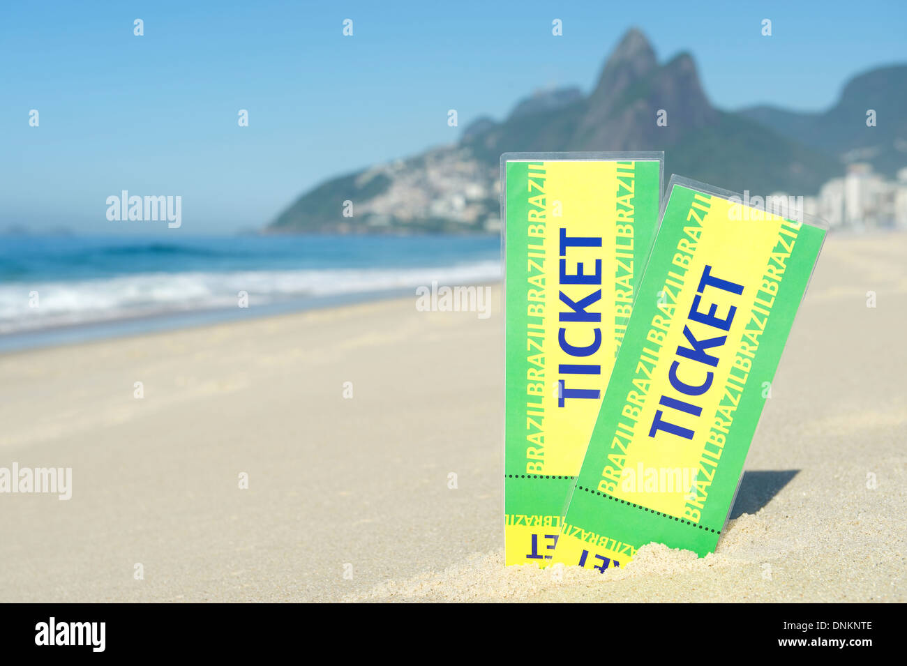 Two large Brazil tickets in the sand on the Ipanema Beach in Rio de ...