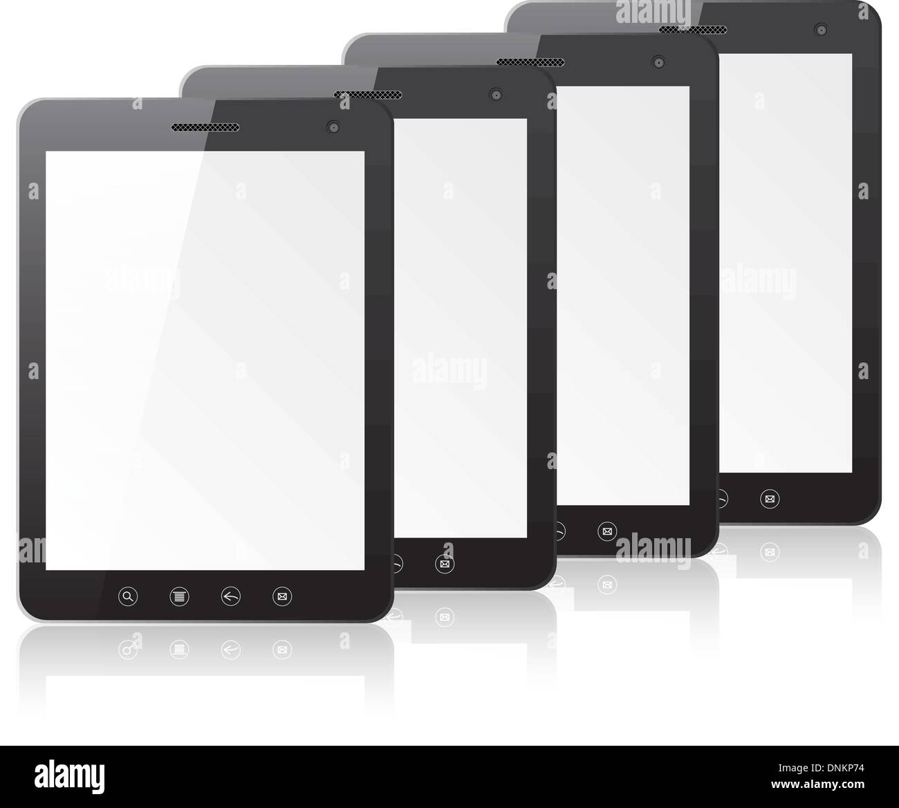 Four tablet PC computer with blank screen isolated on white background ...