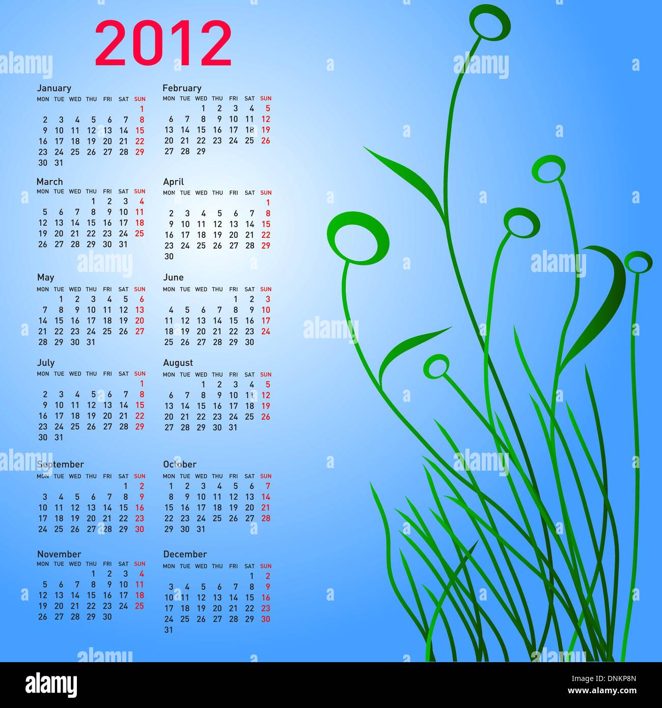 Stylish calendar with flowers for 2012. Week starts on Monday Stock ...