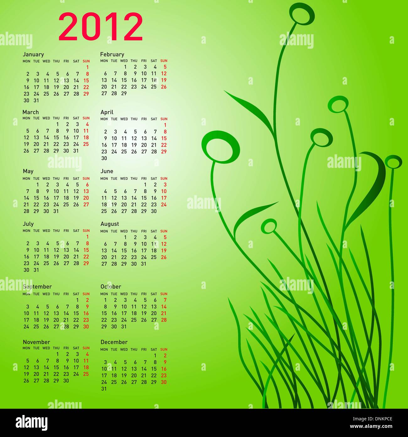 Stylish calendar with flowers for 2012. Week starts on Sunday Stock ...