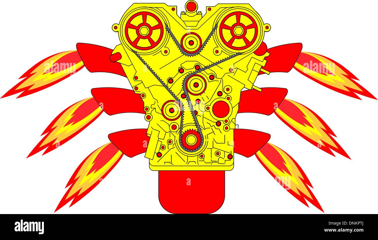 Internal combustion engine, with fire from the exhaust pipe. Vector ...