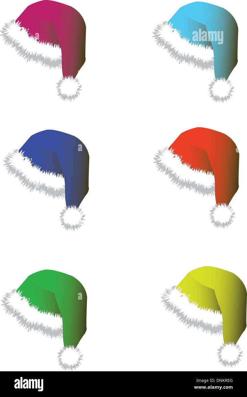 Set of multi-colored hats and caps for Santy. A vector illustration ...