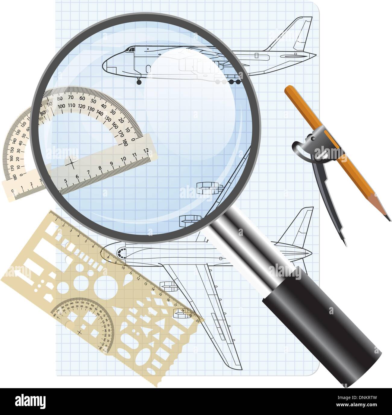 Magnifying glass icon, drawing aircraft. Vector illustration Stock ...