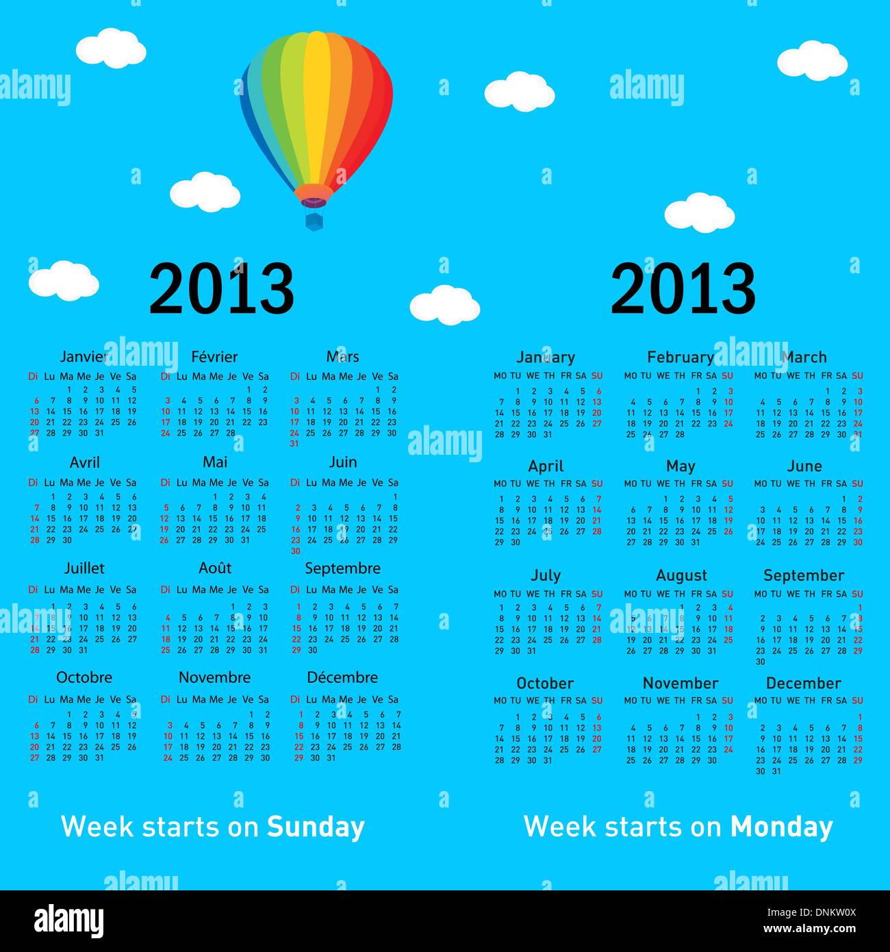 Stylish French calendar with balloon and clouds for 2013. In French and ...