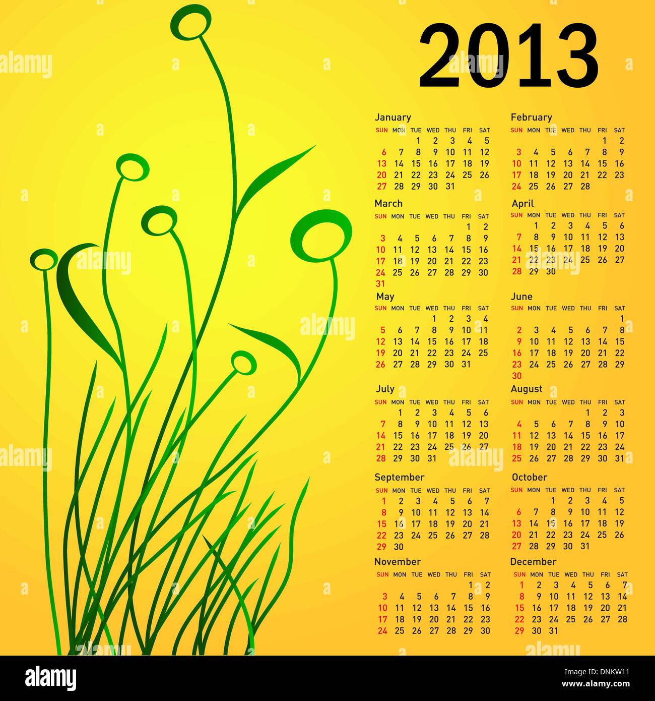 Stylish calendar with flowers for 2013. Week starts on Sunday Stock ...