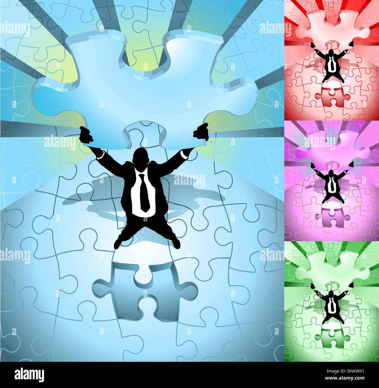 A business man completing a jigsaw puzzle, main image on separate ...