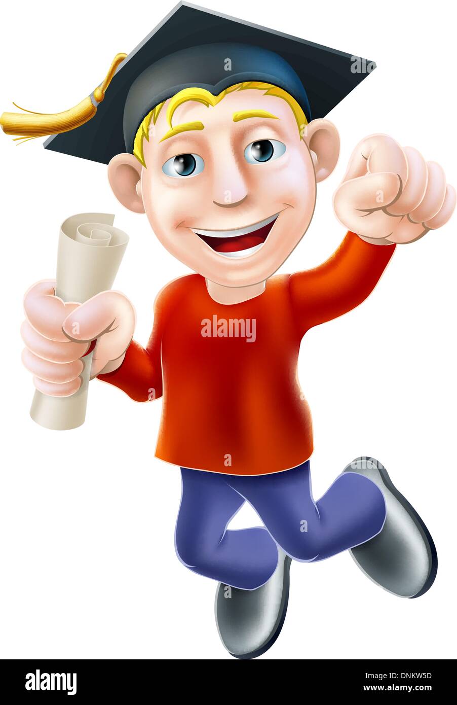 Cartoon man with certificate, qualification or other scroll jumping for ...