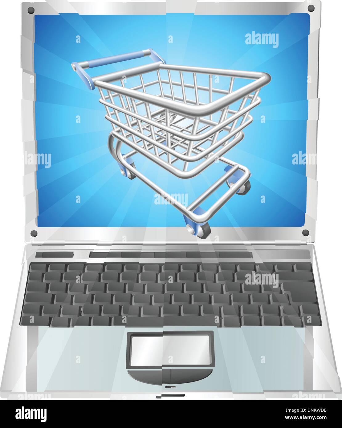 Internet shopping laptop concept illustration. Shopping cart flying out ...
