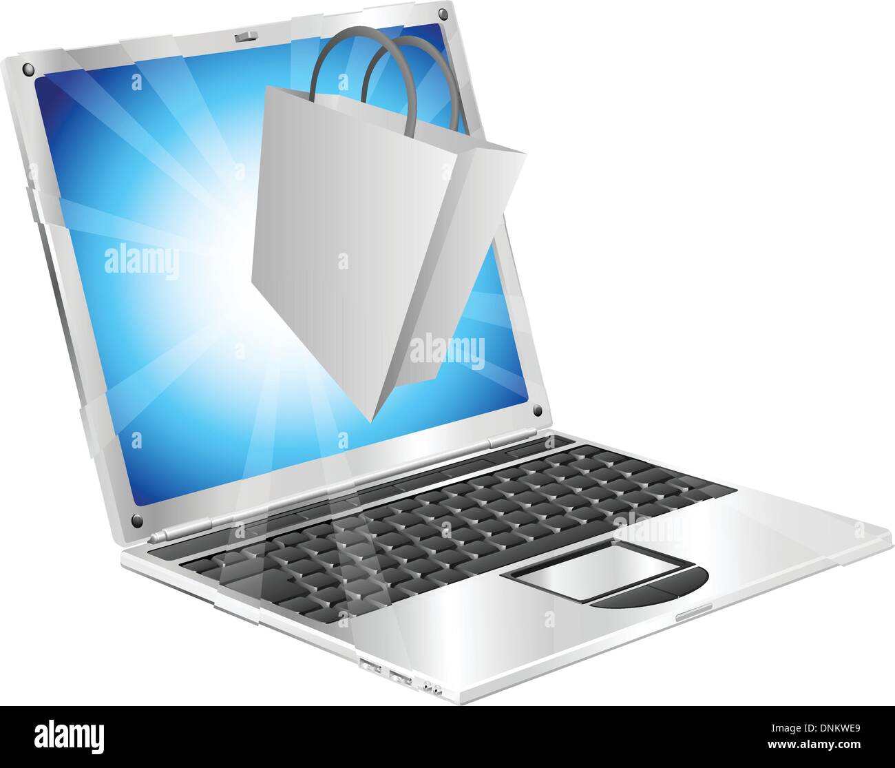 Shopping bag icon coming out of laptop screen online shopping concept ...