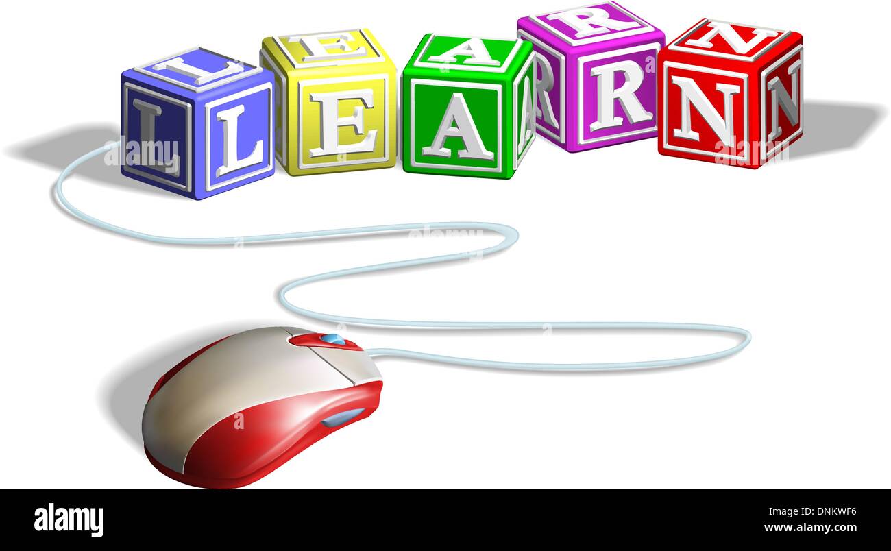 Mouse connected to alphabet letter blocks forming the word learn ...
