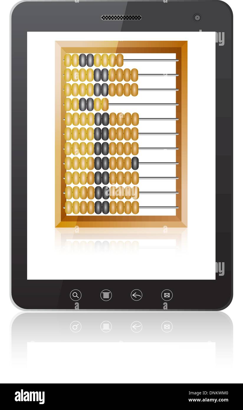 Black tablet PC computer with abacus isolated on white background ...